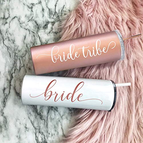 Bride to Be Skinny Tumbler | 20 oz Bride Tribe Stainless Steel Wine Tumblers | Engagement Wedding Gifts Bridesmaids Mugs Bachelorette Party Supplies & Games | Insulated Skinny Rose Gold Cups