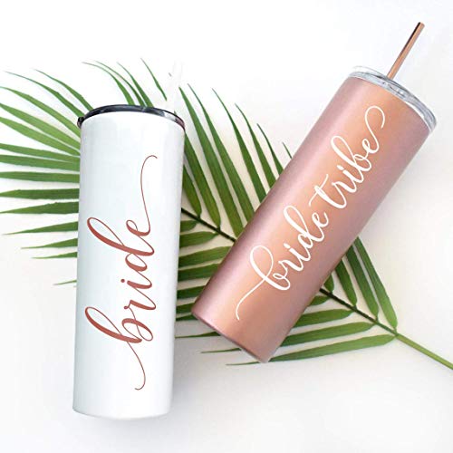 Bride to Be Skinny Tumbler | 20 oz Bride Tribe Stainless Steel Wine Tumblers | Engagement Wedding Gifts Bridesmaids Mugs Bachelorette Party Supplies & Games | Insulated Skinny Rose Gold Cups