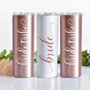 Bride to Be Skinny Tumbler | 20 oz Bride Tribe Stainless Steel Wine Tumblers | Engagement Wedding Gifts Bridesmaids Mugs Bachelorette Party Supplies & Games | Insulated Skinny Rose Gold Cups