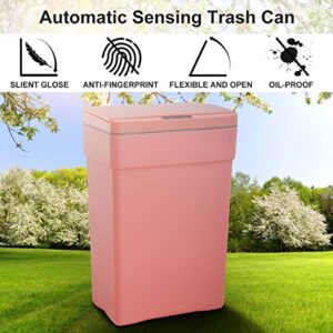 13 gallon/ 50 liter trash can, automatic touchless kitchen garbage can with motion-sensing, no touch rubbish can w/inner baskets and carry handles for bathroom, office, home, mint, pink