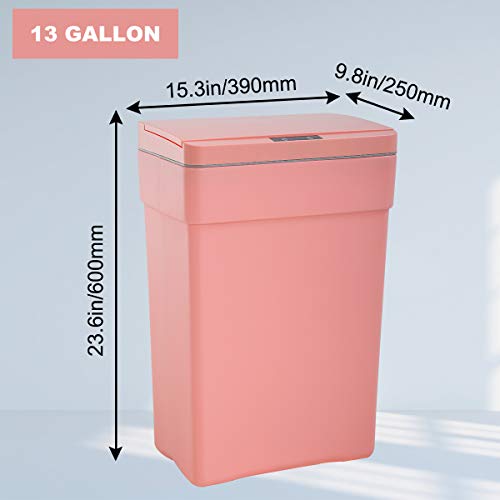 13 Gallon/ 50 Liter Trash Can, Automatic Touchless Kitchen Garbage Can with Motion-Sensing, No Touch Rubbish Can w/Inner Baskets and Carry Handles for Bathroom, Office, Home, Mint, Pink