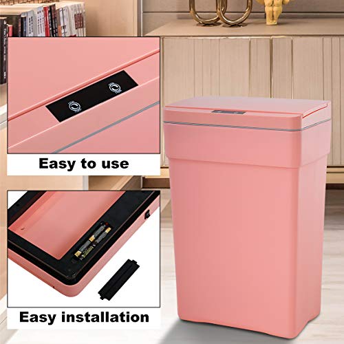 13 Gallon/ 50 Liter Trash Can, Automatic Touchless Kitchen Garbage Can with Motion-Sensing, No Touch Rubbish Can w/Inner Baskets and Carry Handles for Bathroom, Office, Home, Mint, Pink