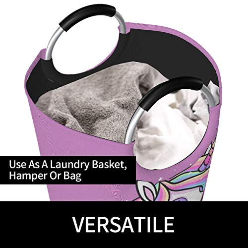 Dujiea 82l X-Large Laundry Basket Tall, Rose Unicorn Collapsible Laundry Hampers with Aluminium Handles Big Clothes Basket Kids Laundry Bin Round Storage Basket for Dorm Room