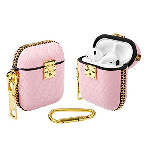 WEISHIJIE Case for AirPods 1, AirPods 2, Genuine Leather AirPods Case with Argyle Pattern & Electroplating Metal Keychain & Gold Buckle (Pink)