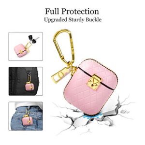 WEISHIJIE Case for AirPods 1, AirPods 2, Genuine Leather AirPods Case with Argyle Pattern & Electroplating Metal Keychain & Gold Buckle (Pink)