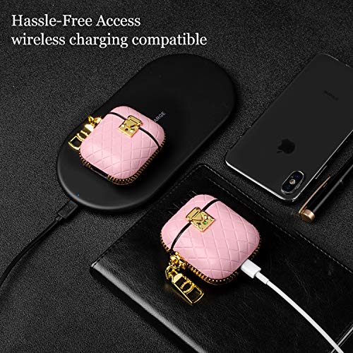 WEISHIJIE Case for AirPods 1, AirPods 2, Genuine Leather AirPods Case with Argyle Pattern & Electroplating Metal Keychain & Gold Buckle (Pink)