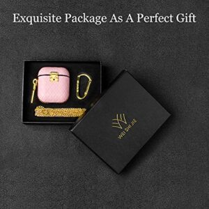 WEISHIJIE Case for AirPods 1, AirPods 2, Genuine Leather AirPods Case with Argyle Pattern & Electroplating Metal Keychain & Gold Buckle (Pink)