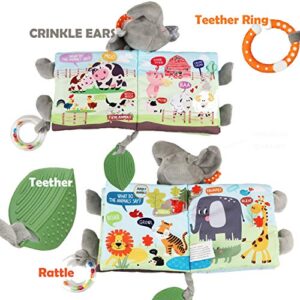 Baby Books Toys,Soft Cloth Crinkle Books for Babies Infants Toddler, Elephant Baby Gifts Teething Toys, Jungle Education Bunny Toys for 0-6 Months 1 Year Old Boy Girl,Stuffed Plush Book Touch and Feel