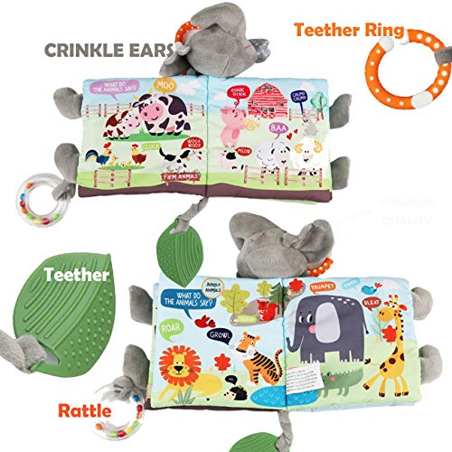 Baby Books Toys,Soft Cloth Crinkle Books for Babies Infants Toddler, Elephant Baby Gifts Teething Toys, Jungle Education Bunny Toys for 0-6 Months 1 Year Old Boy Girl,Stuffed Plush Book Touch and Feel