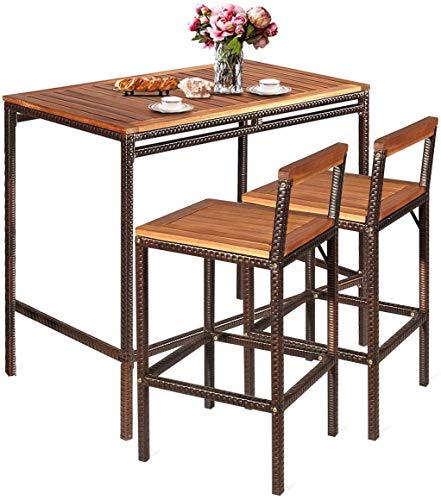 HAPPYGRILL 3-Pieces Outdoor Wicker Rattan Bar Set, Acacia Wood Patio Dining Furniture Set with 2 Chairs for Poolside Backyard Patio Balcony