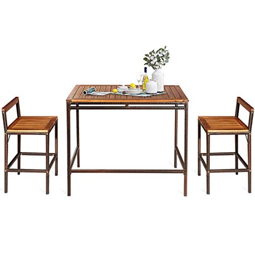 HAPPYGRILL 3-Pieces Outdoor Wicker Rattan Bar Set, Acacia Wood Patio Dining Furniture Set with 2 Chairs for Poolside Backyard Patio Balcony