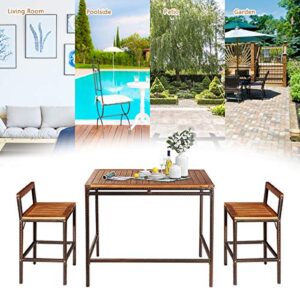 HAPPYGRILL 3-Pieces Outdoor Wicker Rattan Bar Set, Acacia Wood Patio Dining Furniture Set with 2 Chairs for Poolside Backyard Patio Balcony