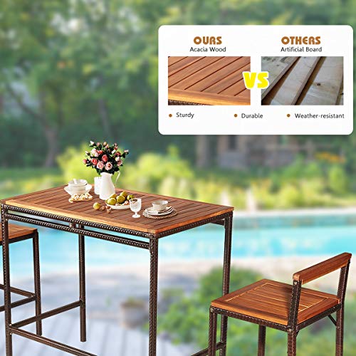 HAPPYGRILL 3-Pieces Outdoor Wicker Rattan Bar Set, Acacia Wood Patio Dining Furniture Set with 2 Chairs for Poolside Backyard Patio Balcony