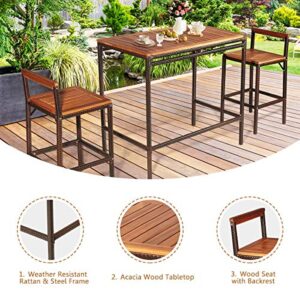 HAPPYGRILL 3-Pieces Outdoor Wicker Rattan Bar Set, Acacia Wood Patio Dining Furniture Set with 2 Chairs for Poolside Backyard Patio Balcony