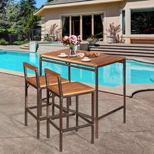 HAPPYGRILL 3-Pieces Outdoor Wicker Rattan Bar Set, Acacia Wood Patio Dining Furniture Set with 2 Chairs for Poolside Backyard Patio Balcony