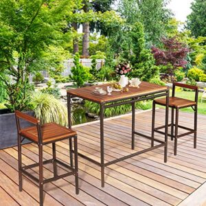 HAPPYGRILL 3-Pieces Outdoor Wicker Rattan Bar Set, Acacia Wood Patio Dining Furniture Set with 2 Chairs for Poolside Backyard Patio Balcony