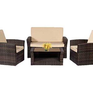 PayLessHere Rattan Chair Outdoor Backyard Porch Poolside Balcony Garden Furniture with Coffee Table, Brown