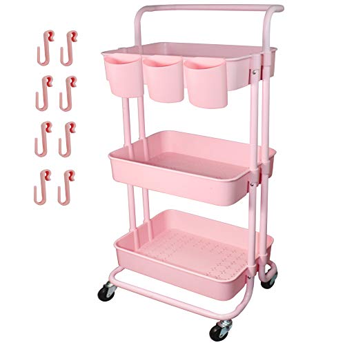 Piowio 3 Tier Utility Rolling Cart Multifunction Organizer Shelf Storage Cart with 3 Pieces Cups and 8 Pieces Hooks for Home Kitchen Bathroom Laundry Room Office Store etc. (Pink)