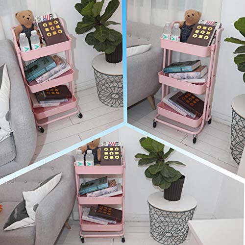 Piowio 3 Tier Utility Rolling Cart Multifunction Organizer Shelf Storage Cart with 3 Pieces Cups and 8 Pieces Hooks for Home Kitchen Bathroom Laundry Room Office Store etc. (Pink)