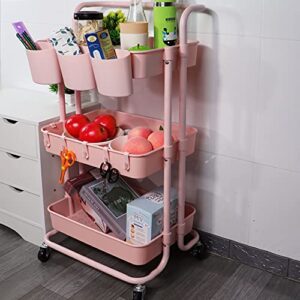 Piowio 3 Tier Utility Rolling Cart Multifunction Organizer Shelf Storage Cart with 3 Pieces Cups and 8 Pieces Hooks for Home Kitchen Bathroom Laundry Room Office Store etc. (Pink)