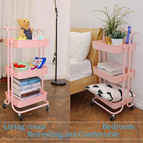 Piowio 3 Tier Utility Rolling Cart Multifunction Organizer Shelf Storage Cart with 3 Pieces Cups and 8 Pieces Hooks for Home Kitchen Bathroom Laundry Room Office Store etc. (Pink)