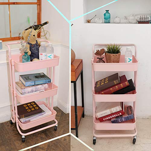 Piowio 3 Tier Utility Rolling Cart Multifunction Organizer Shelf Storage Cart with 3 Pieces Cups and 8 Pieces Hooks for Home Kitchen Bathroom Laundry Room Office Store etc. (Pink)