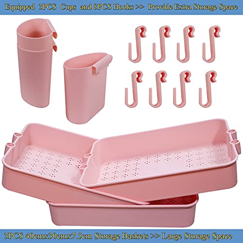 Piowio 3 Tier Utility Rolling Cart Multifunction Organizer Shelf Storage Cart with 3 Pieces Cups and 8 Pieces Hooks for Home Kitchen Bathroom Laundry Room Office Store etc. (Pink)