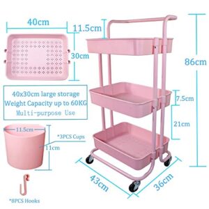 Piowio 3 Tier Utility Rolling Cart Multifunction Organizer Shelf Storage Cart with 3 Pieces Cups and 8 Pieces Hooks for Home Kitchen Bathroom Laundry Room Office Store etc. (Pink)