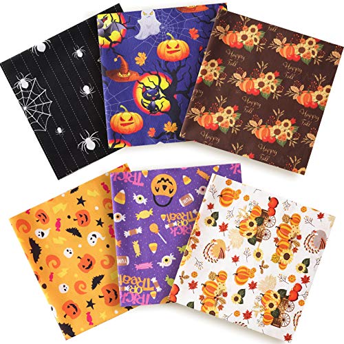 6 Pieces Halloween Fabric Patchwork Thanksgiving Pumpkin Pattern Sewing Craft Fabric 19.6 x 19.6 Inch Halloween Cotton Printed Fabric for DIY Clothes Sewing Crafts