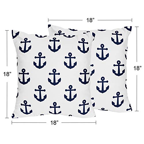 Sweet Jojo Designs Navy Blue White Anchors Decorative Accent Throw Pillows - Set of 2 - Nautical Theme Ocean Sailboat Sea Marine Sailor Anchor Unisex Gender Neutral