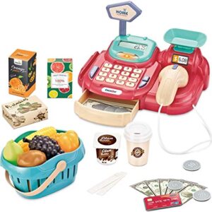 Hayden Ljsu Cash Register for Kids Pretend Play Supermarket Shop Toys with Scanner,Sounds,Calculator,Scale,Card Reader,Credit Card,Play Money and Grocery Toys for Boys Girls