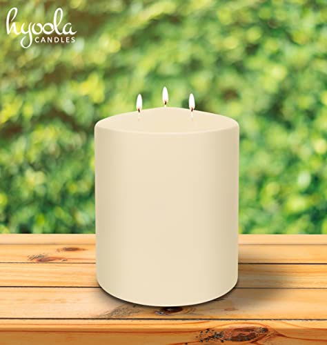 HYOOLA Ivory Three Wick Large Candle - 6 x 8 Inch - Unscented Big Pillar Candles - 188 Hour - European Made