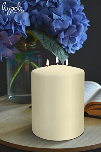 HYOOLA Ivory Three Wick Large Candle - 6 x 8 Inch - Unscented Big Pillar Candles - 188 Hour - European Made