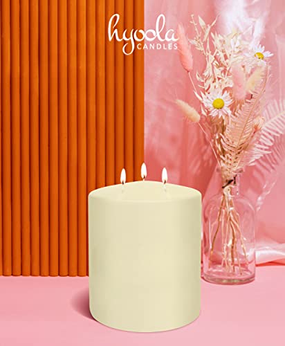 HYOOLA Ivory Three Wick Large Candle - 6 x 8 Inch - Unscented Big Pillar Candles - 188 Hour - European Made