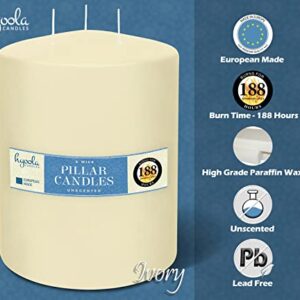 HYOOLA Ivory Three Wick Large Candle - 6 x 8 Inch - Unscented Big Pillar Candles - 188 Hour - European Made