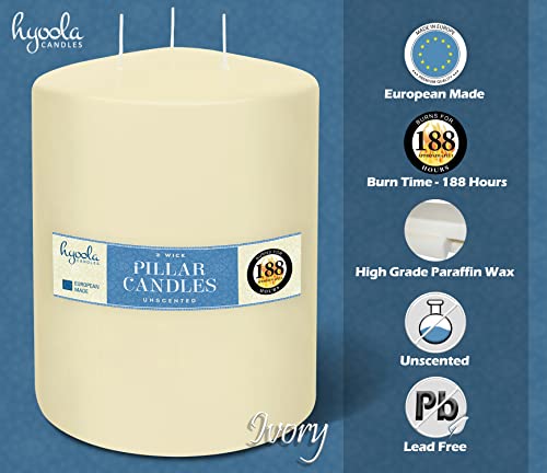 HYOOLA Ivory Three Wick Large Candle - 6 x 8 Inch - Unscented Big Pillar Candles - 188 Hour - European Made