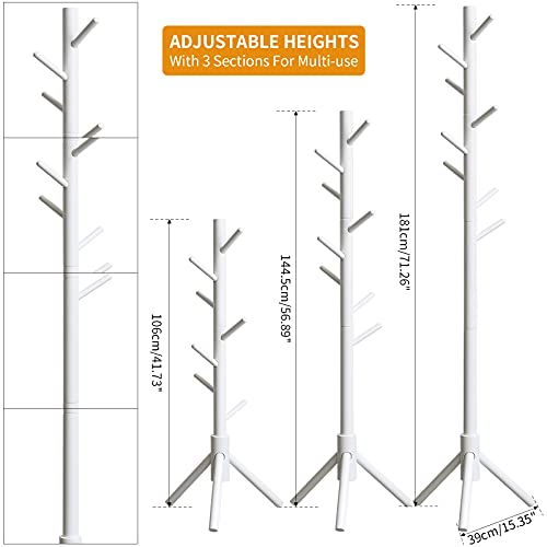 YMYNY Wooden Coat Rack Stand, Free Standing Hall Tree with 8 Hooks Super Easy Assembly, Adjustable Sizes Entryway Coat Rack for Hat, Clothes, Purse, Scarves, Handbags, White, HD-UHRF-1194