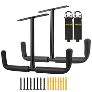 tahikem 2 set overhead garage storage rack, heavy duty overhead storage double hook, ceiling hanger safe racks, hanging for lumber ladder storage & other bulky items (pack of 2 - black)