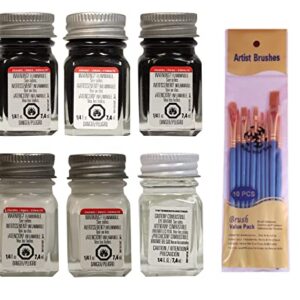 Testors Enamel Model Paints, Flat White, Gloss White, Flat Black, Semi-Gloss Black, Gloss Black, and Thinner, 1/4 oz (Pack of 6) - with Make Your Day Paint Brush Set