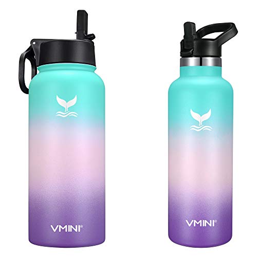 Vmini Water Bottle with Straw, 32 oz and 22 oz Vacuum Insulated 18/8 Stainless Steel, Wide Mouth and Standard Mouth Straw Lid with Wide Rotating/Fixed