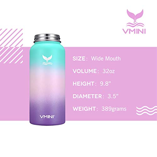 Vmini Water Bottle with Straw, 32 oz and 22 oz Vacuum Insulated 18/8 Stainless Steel, Wide Mouth and Standard Mouth Straw Lid with Wide Rotating/Fixed