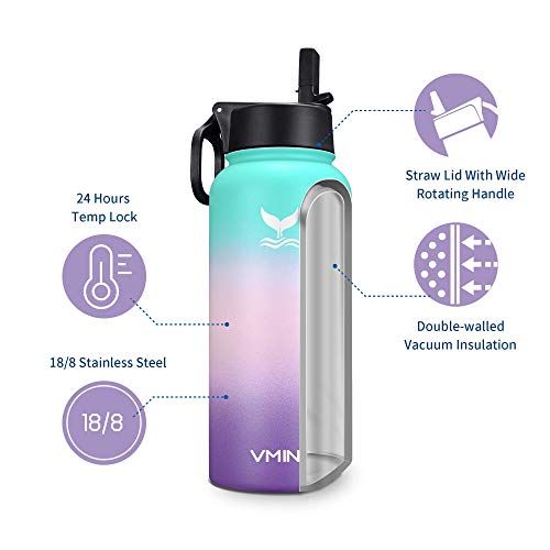 Vmini Water Bottle with Straw, 32 oz and 22 oz Vacuum Insulated 18/8 Stainless Steel, Wide Mouth and Standard Mouth Straw Lid with Wide Rotating/Fixed