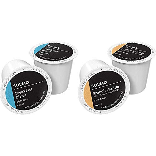 Amazon Brand - 100 Ct. Solimo Light Roast Coffee Pods, Breakfast Blend, Compatible & 100 Ct. Solimo Light Roast Coffee Pods, French Vanilla Flavored, Compatible with Keurig 2.0 K-Cup Brewers