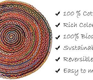 Devik Decor Braided Boho Natural Cotton Chindi Rugs Reversible Non Slip Carpet Handmade Round Area Rug for Farmhouse Living Room Bedroom Kitchen Outdoor Mate, AR01 (3Ft (36 Inches X 36 Inches))