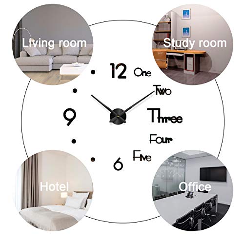 Large 3D DIY Wall Clock Frameless Modern Mirror Surface Wall Clock Decor for Living Room Bedroom Home Outdoor Office School Decorations Black