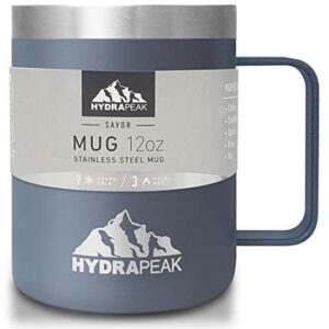 Hydrapeak 14oz Insulated Coffee Mug with Handle, Stainless Steel Double Walled Travel Coffee Cup | 3 Hours Hot / 9 Hours Cold, Spill-Proof Mug with Sliding Lid (Storm)