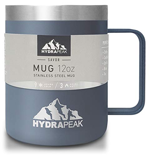 Hydrapeak 14oz Insulated Coffee Mug with Handle, Stainless Steel Double Walled Travel Coffee Cup | 3 Hours Hot / 9 Hours Cold, Spill-Proof Mug with Sliding Lid (Storm)