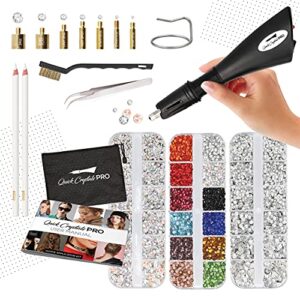 quick crystals pro hotfix applicator, bedazzler kit with rhinestones, diy wand setter tool kit with 7 different tip sizes, tweezers, cleaning brush, user manual, and 4400 rhinestones.