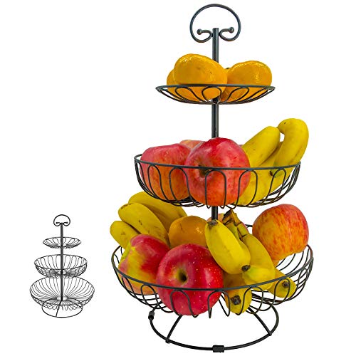 KLEVERISE 3 Tier Fruit Basket Bowl - Heavy Duty Metal Fruit Stand Holder for Cup Cake, Black