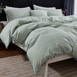 andency pom pom fringe duvet cover queen size (90x90 inch), 3 pieces (1 solid sage green duvet cover, 2 pillowcases) soft washed microfiber duvet cover set with zipper closure, corner ties